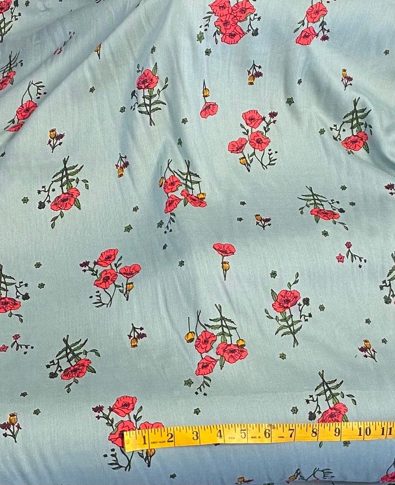 Floral Rayon Challis Fabric: Red Flowers on Teal Green - by the Yard - Etsy