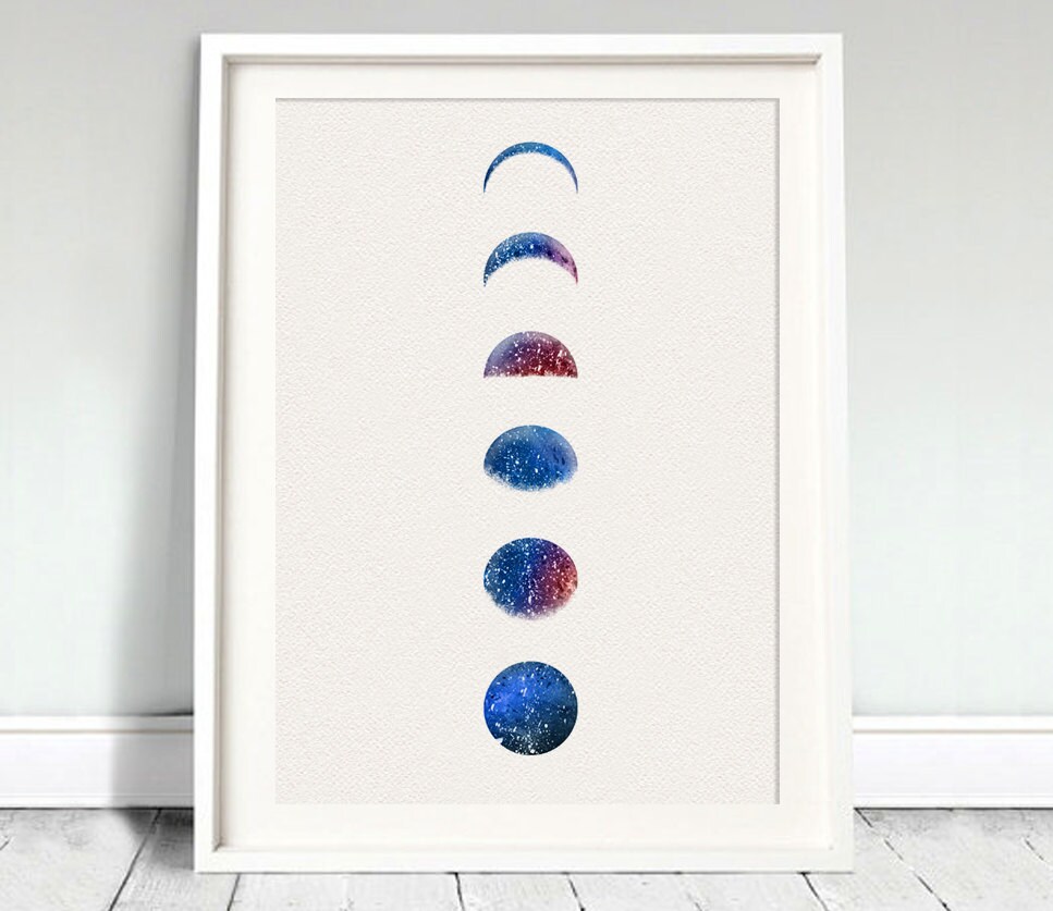 MOON PHASES Watercolor Art Print Poster Universe Galaxy Ink | Etsy