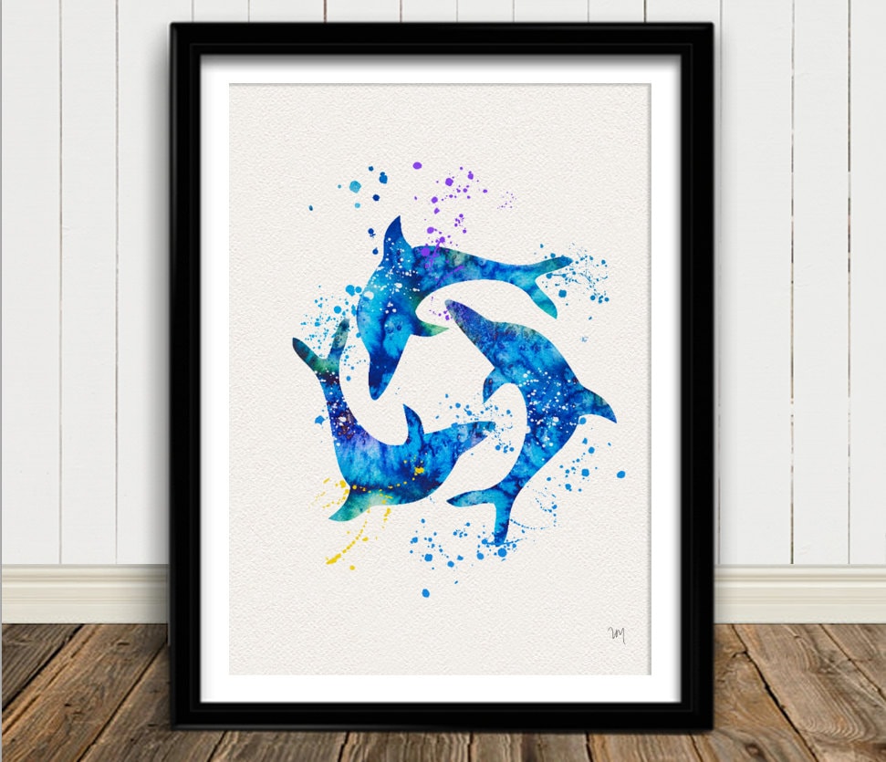DOLPHIN Watercolor Art Print Sea Life Ink Painting Underwater ...