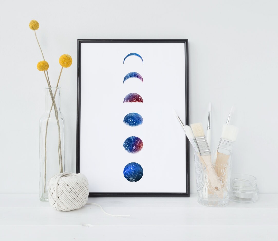 MOON PHASES Watercolor Art Print Poster Universe Galaxy Ink | Etsy