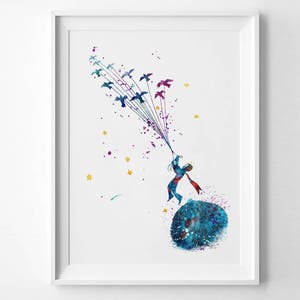 The Little Prince Flying With Birds Planet Watercolor Prints Nursery ...