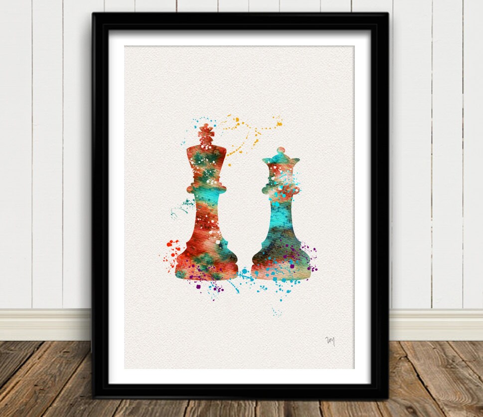 CHESS PIECES Watercolor Art Print Ink Antique Painting | Etsy
