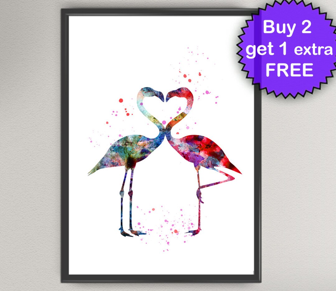 FLAMINGO LOVE Valentine's Day Watercolor Art Print Bird Love Bird Ink ...