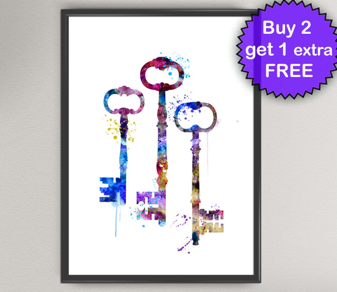 VINTAGE KEY Watercolor Art Print Ink Antique Key Painting Illustration ...