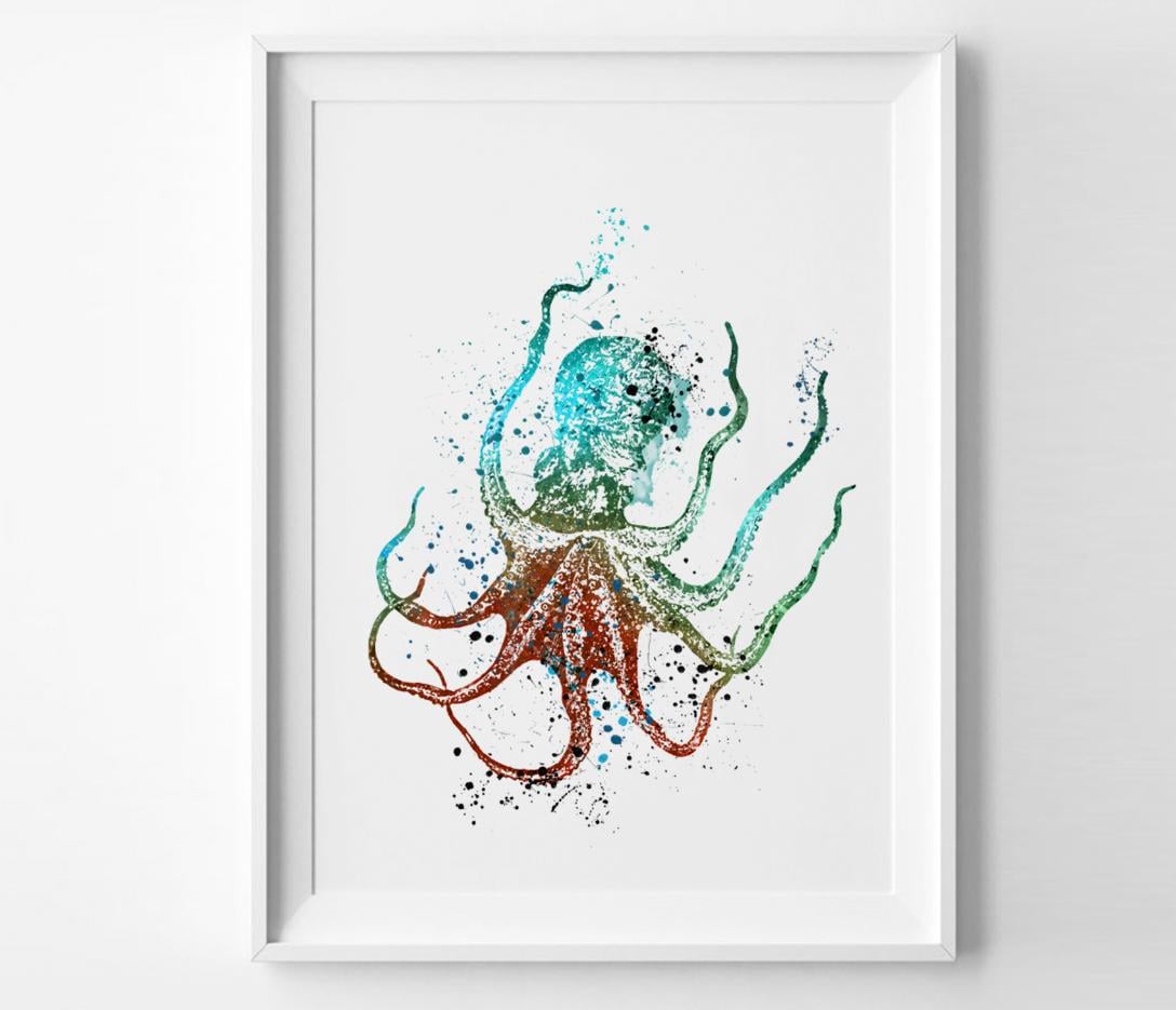 Octopus Print Watercolor Art Print Sea Life Ink Painting Underwater ...