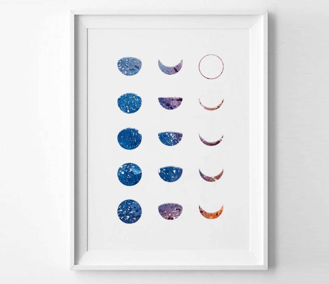 Moon Phases Wicca Print Watercolor universe galaxy Ink | Etsy