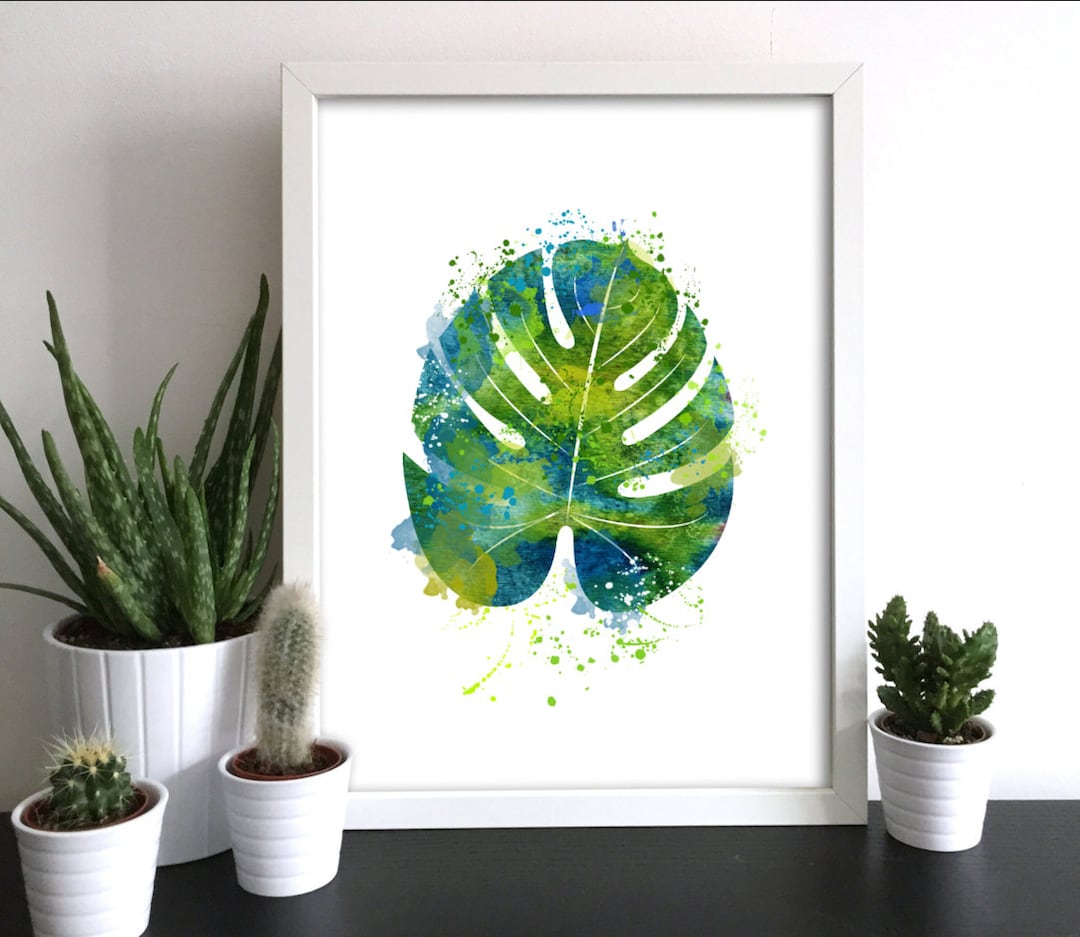 MONSTERA Greenery Watercolor Print Tropical Plant Decor Green Blue Art ...