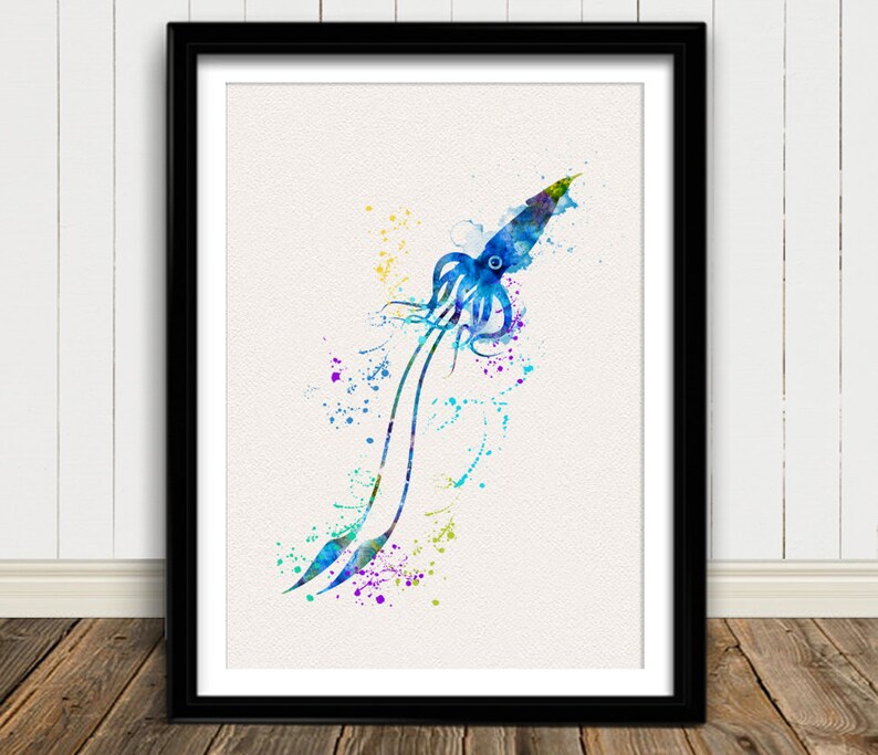 SQUID Watercolor Art Print Sea Life Ink Painting Underwater - Etsy