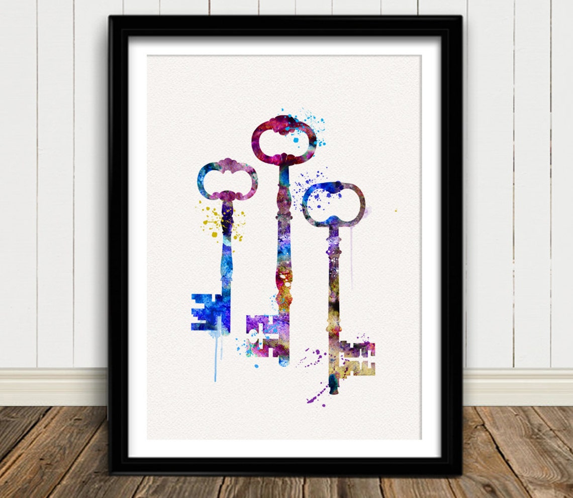 VINTAGE KEY Watercolor Art Print Ink Antique Key Painting Illustration ...
