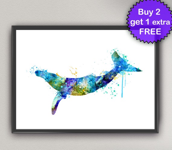 WHALE Watercolor Art Print Blue Whale Sea Life Ink Painting | Etsy