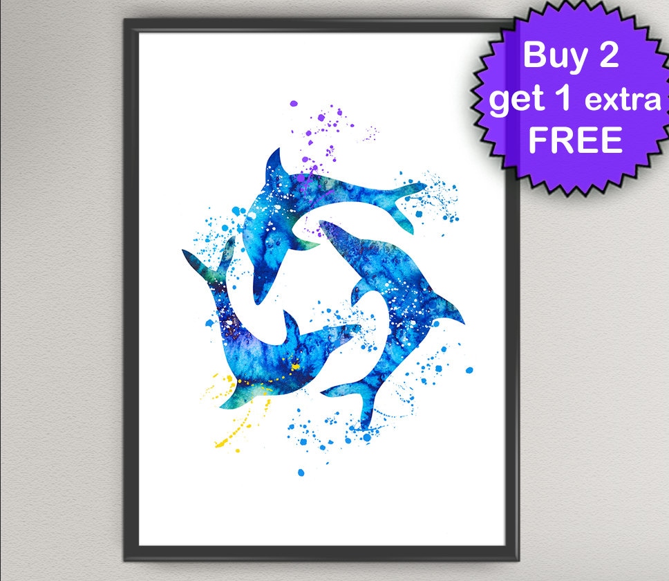 DOLPHIN Watercolor Art Print Sea Life Ink Painting Underwater ...