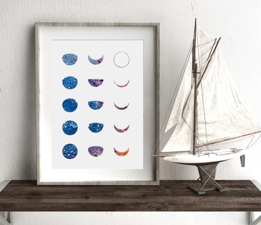 Moon Phases Wicca Print Watercolor universe galaxy Ink | Etsy
