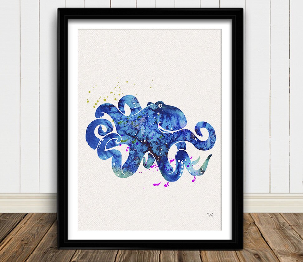 OCTOPUS Watercolor Art Print Sea Life Ink Painting Underwater ...