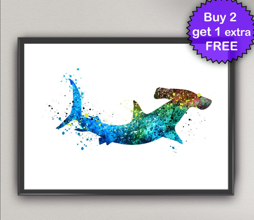 SHARK Watercolor Art Print Shark Hammer Head Sea Life Ink Painting ...