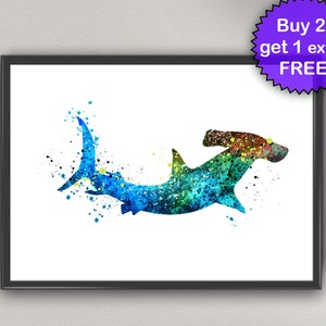 SHARK Watercolor Art Print Shark Hammer Head Sea Life Ink Painting ...