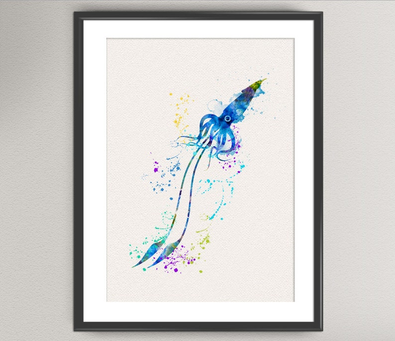 SQUID Watercolor Art Print Sea Life Ink Painting Underwater | Etsy