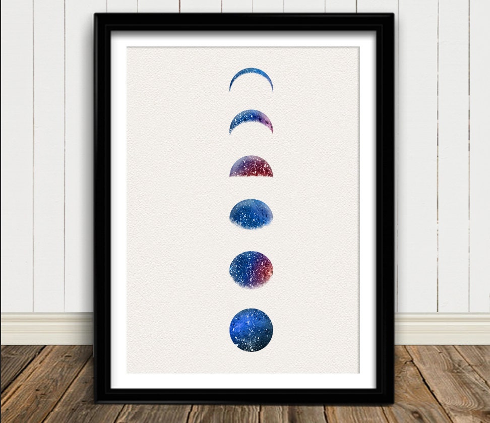 MOON PHASES Watercolor Art Print Poster Universe Galaxy Ink | Etsy