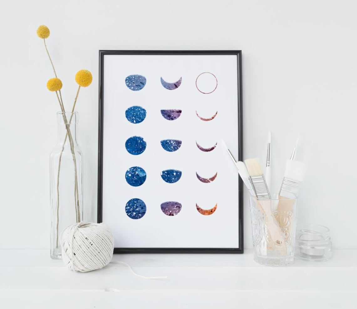 Moon Phases Wicca Print Watercolor universe galaxy Ink | Etsy