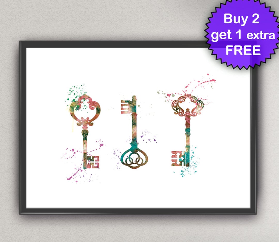 VINTAGE KEY Watercolor Art Print Ink Antique Key Painting Illustrations ...