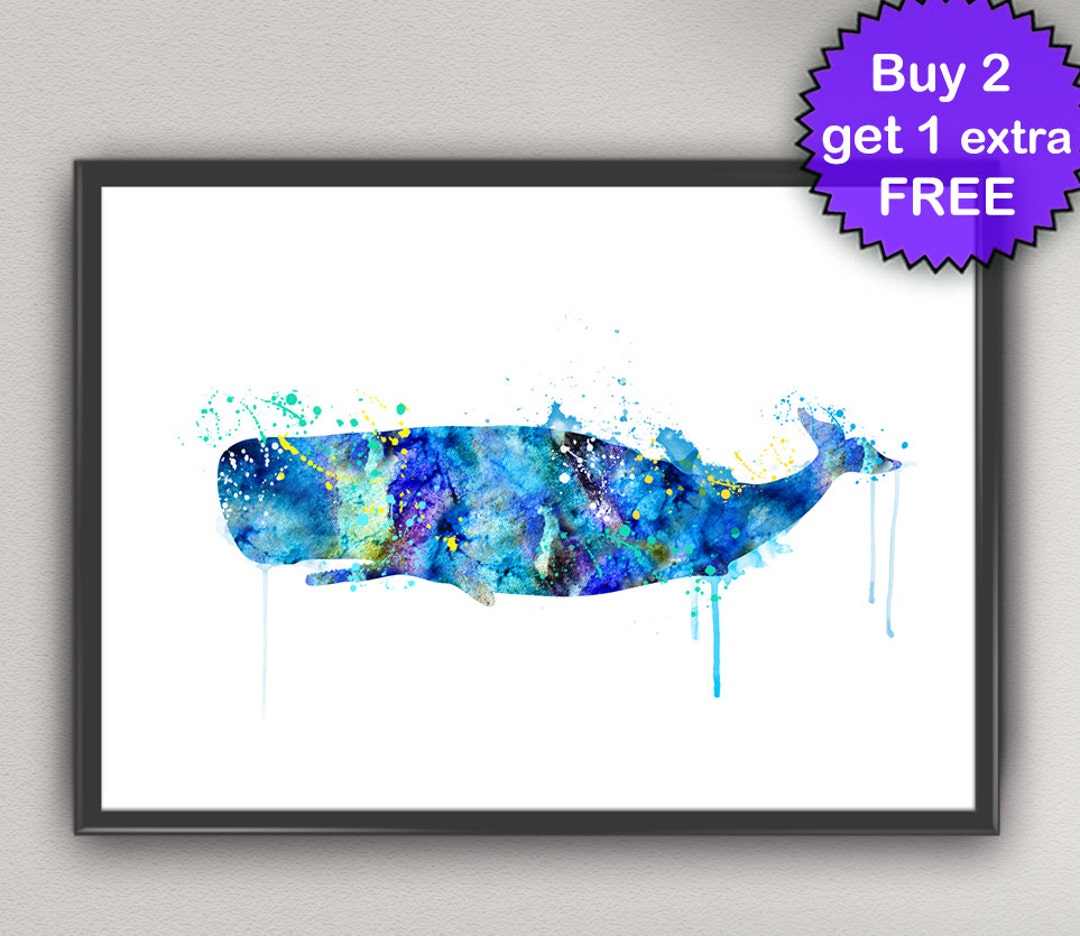 WHALE Watercolor Art Print Sperm Whale Sea Life Ink Painting Underwater ...