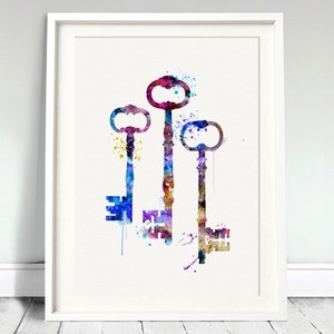 VINTAGE KEY Watercolor Art Print Ink Antique Key Painting Illustration ...