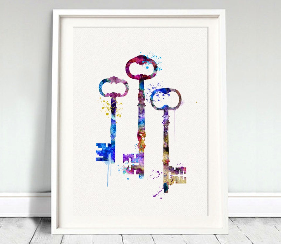 VINTAGE KEY Watercolor Art Print Ink Antique Key Painting Illustration ...