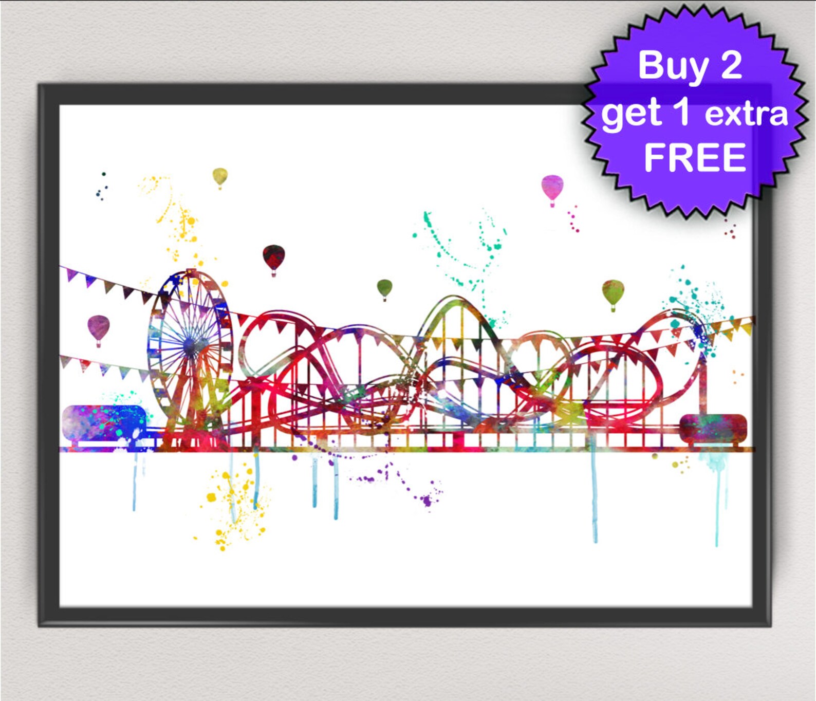 Amusement Rollercoaster Park Print Watercolor Park Print Rollercoaster ...