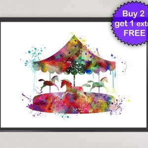 Carousel Horse Print Watercolor Art Carousel Park Print Watercolor ...