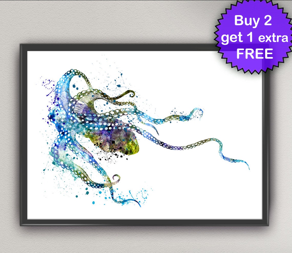 OCTOPUS Watercolor Art Print Sea Life Ink Painting Underwater ...