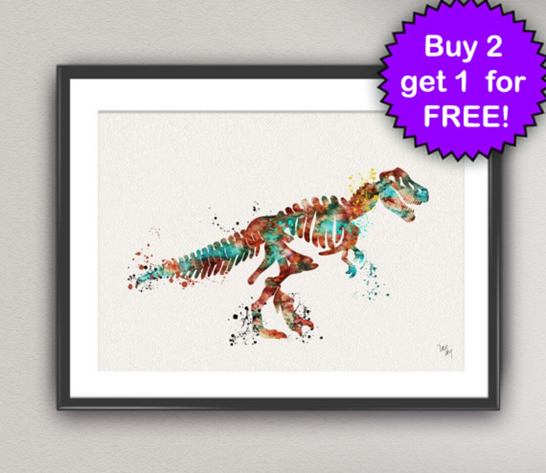 DINOSAUR BONES T-rex Watercolor Art Print Tyrannosaurus Rex Skeleton ...