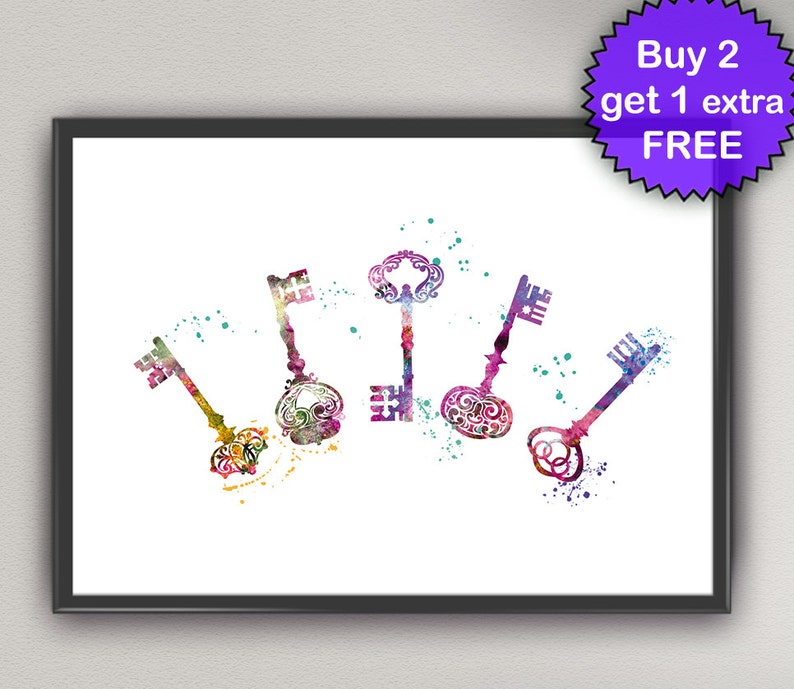 VINTAGE KEY Watercolor Art Print Ink Antique Key Painting Illustrations ...