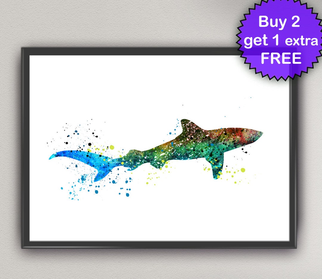 SHARK Watercolor Art Prints Shark Sea Life Ink Painting Underwater ...