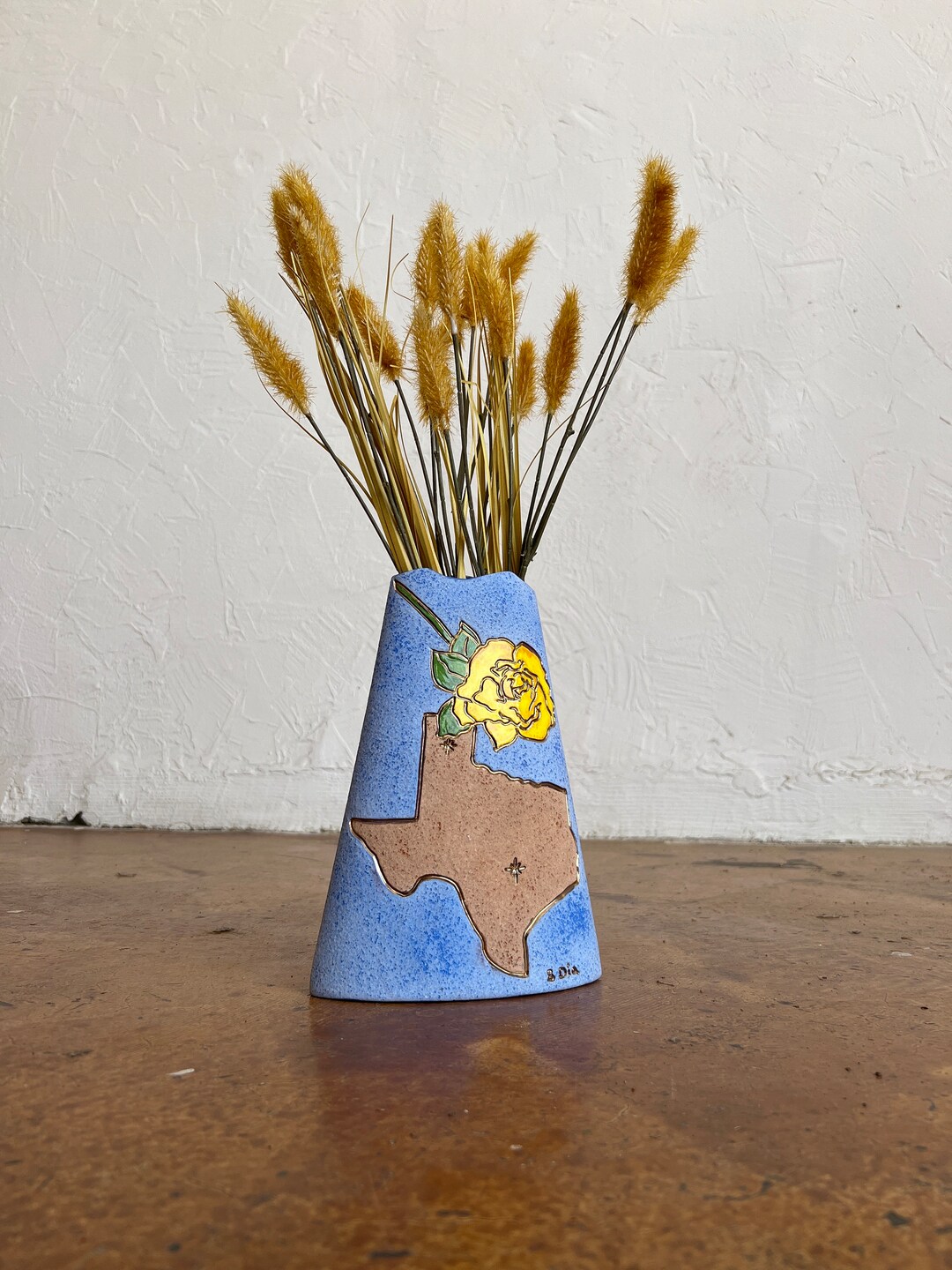 Vintage 1990s Handpainted Blue Ceramic Tapered Vase Texas Yellow Rose ...