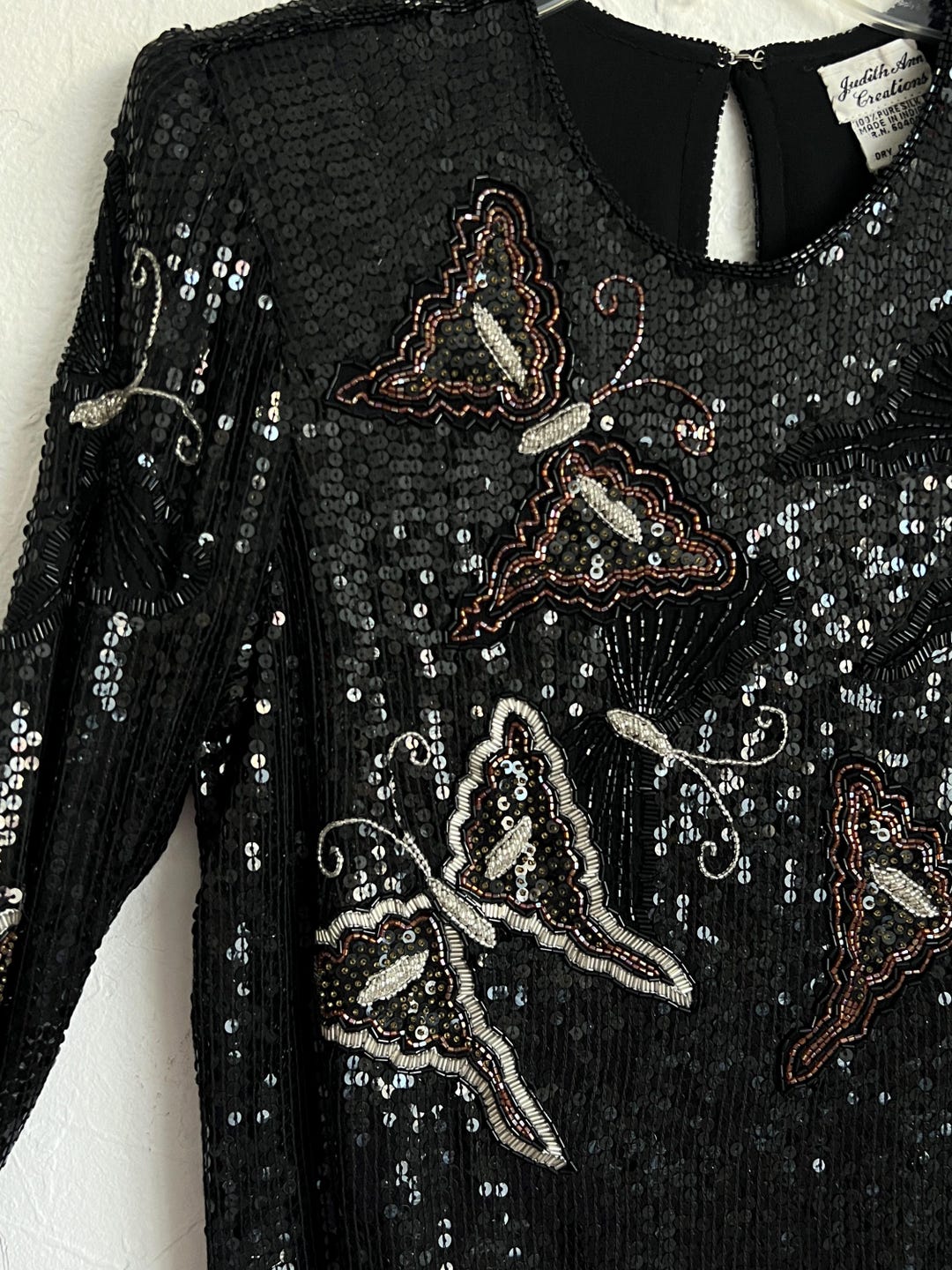 Vintage Judith Ann Creations Black Butterfly Sequin Beaded Silk Long ...