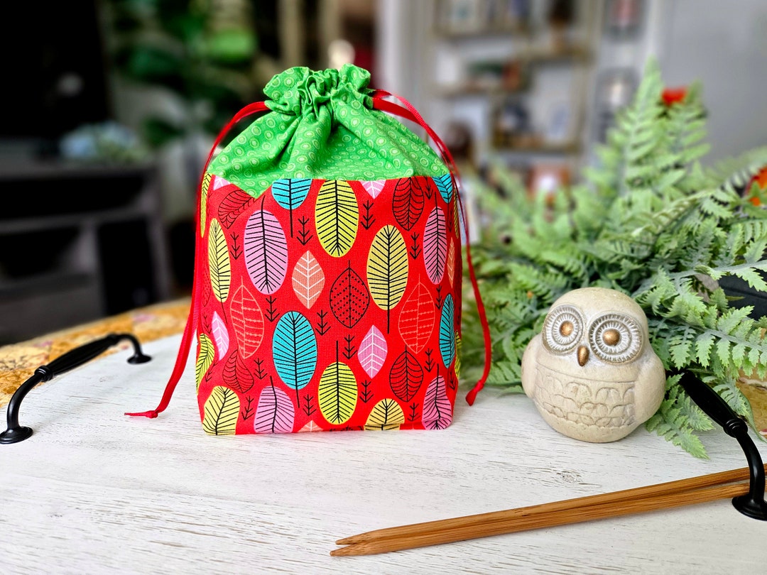 Leaves Small Knitting Project Bag, Drawstring - Cotton Project Tote for ...