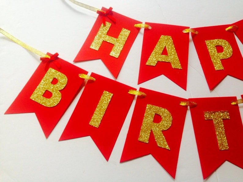 Gold glitter red happy birthday banner sparkly birthday 1st | Etsy