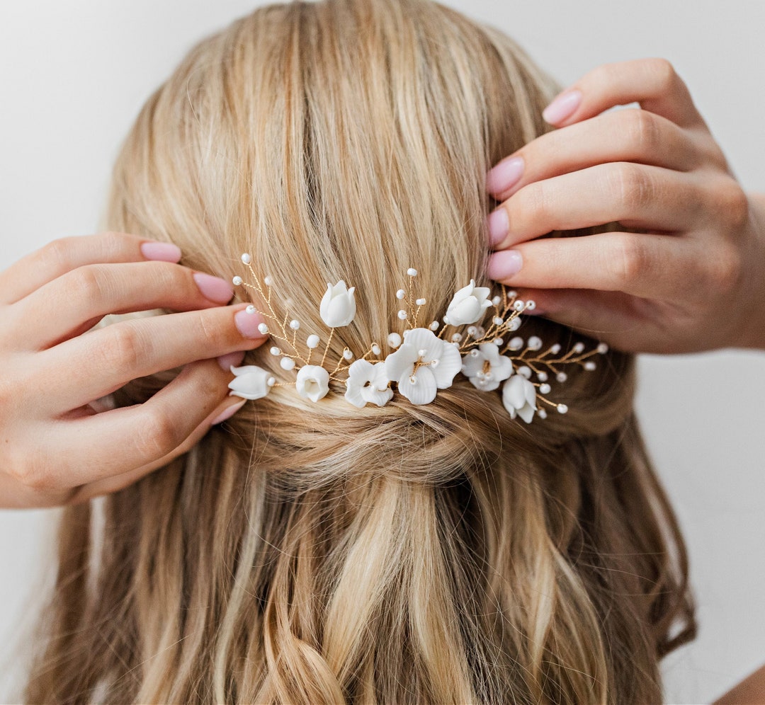 White Bridal Hair Pins, Gold Wedding Hair Pins, Flower Bridal Hair Pins ...