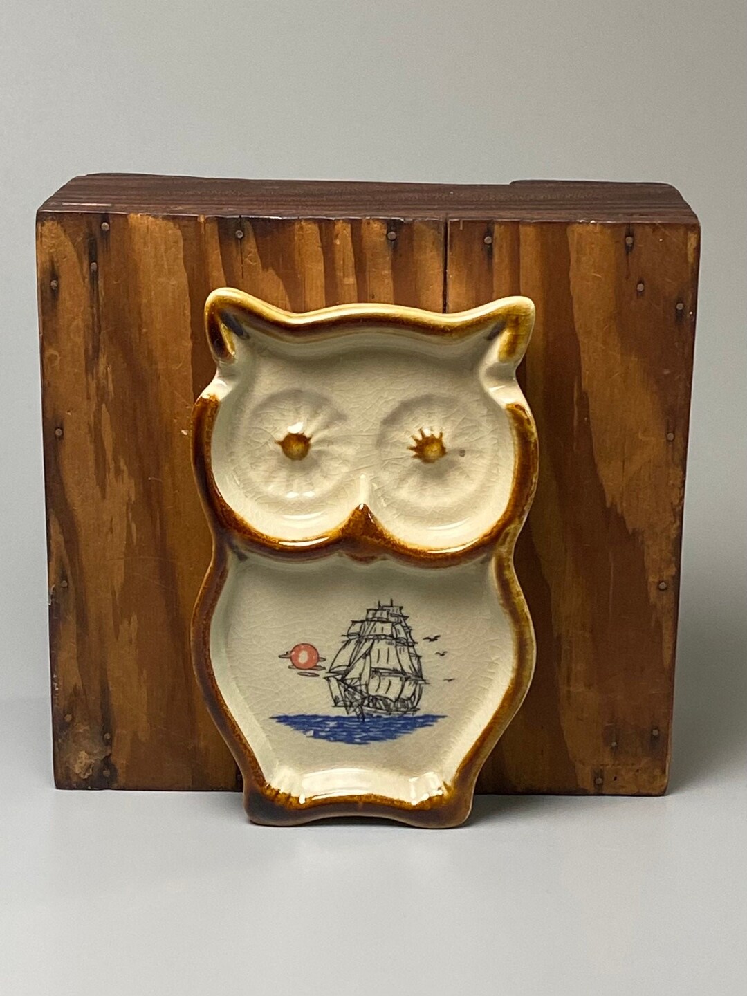 Vintage Ceramic Owl Ashtray With Nautical Clipper Ship Ocean Scene - Etsy