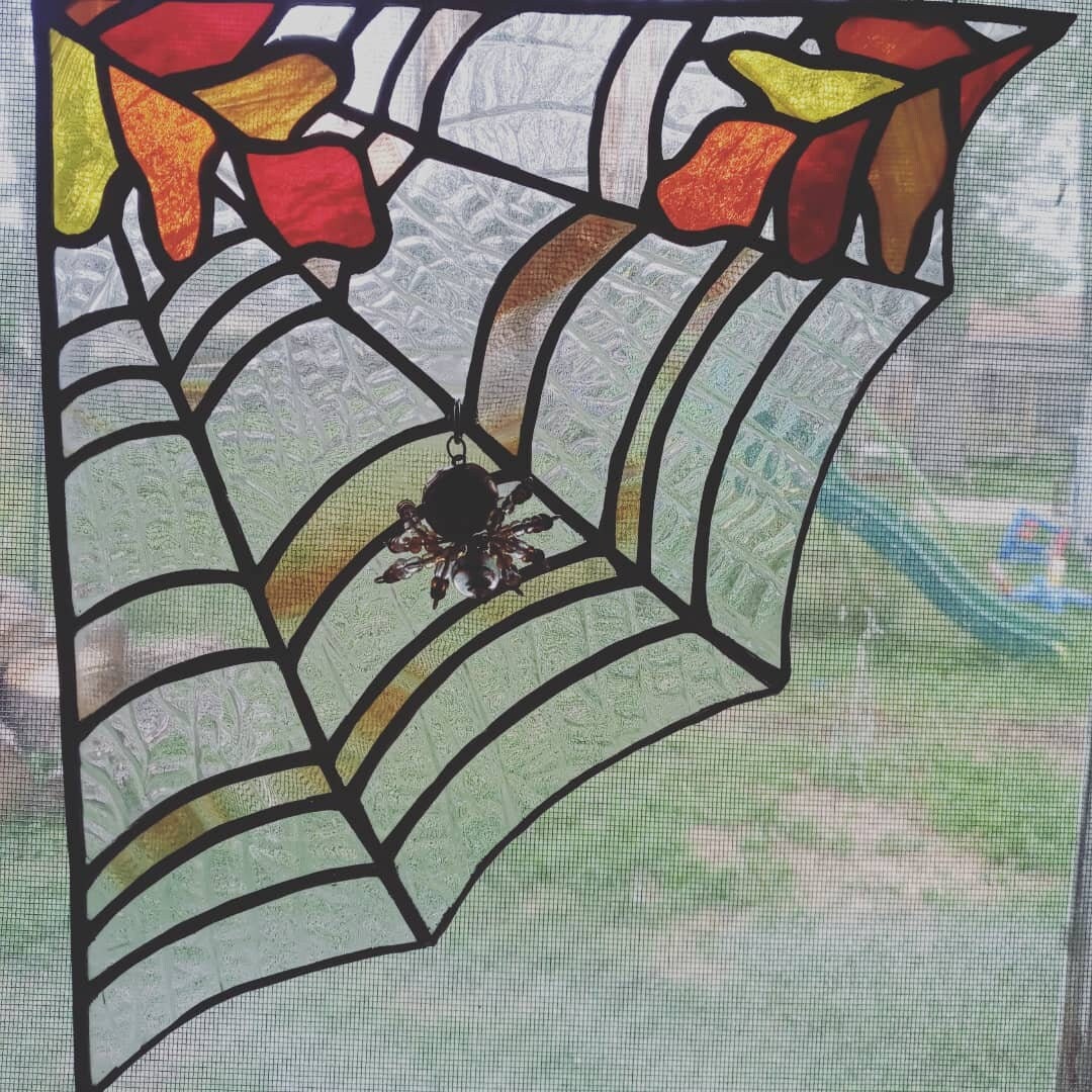 Oak Leaf Stained Glass Spider Web With Beaded Spider - Etsy