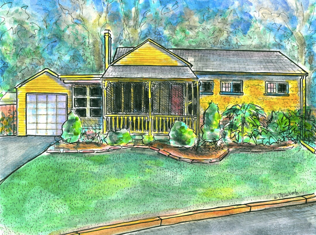 ORIGINAL Custom Home Portrait Painting. HAND PAINTED Watercolor and Ink ...