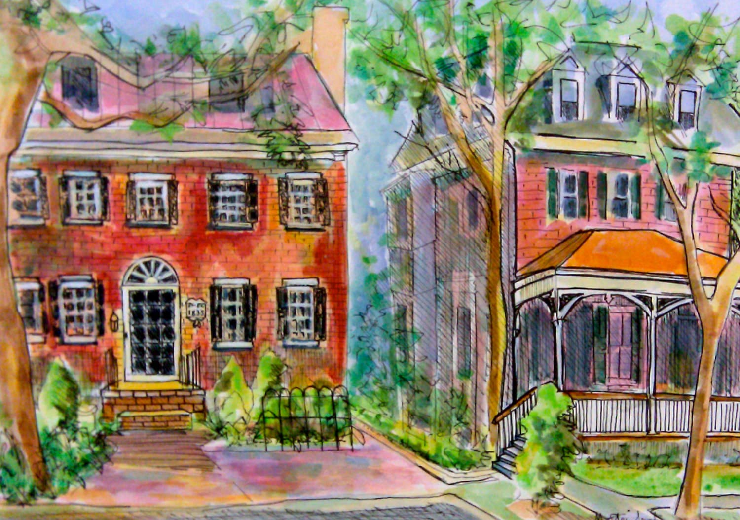 ORIGINAL Custom Home Portrait Painting. HAND PAINTED Watercolor and Ink ...