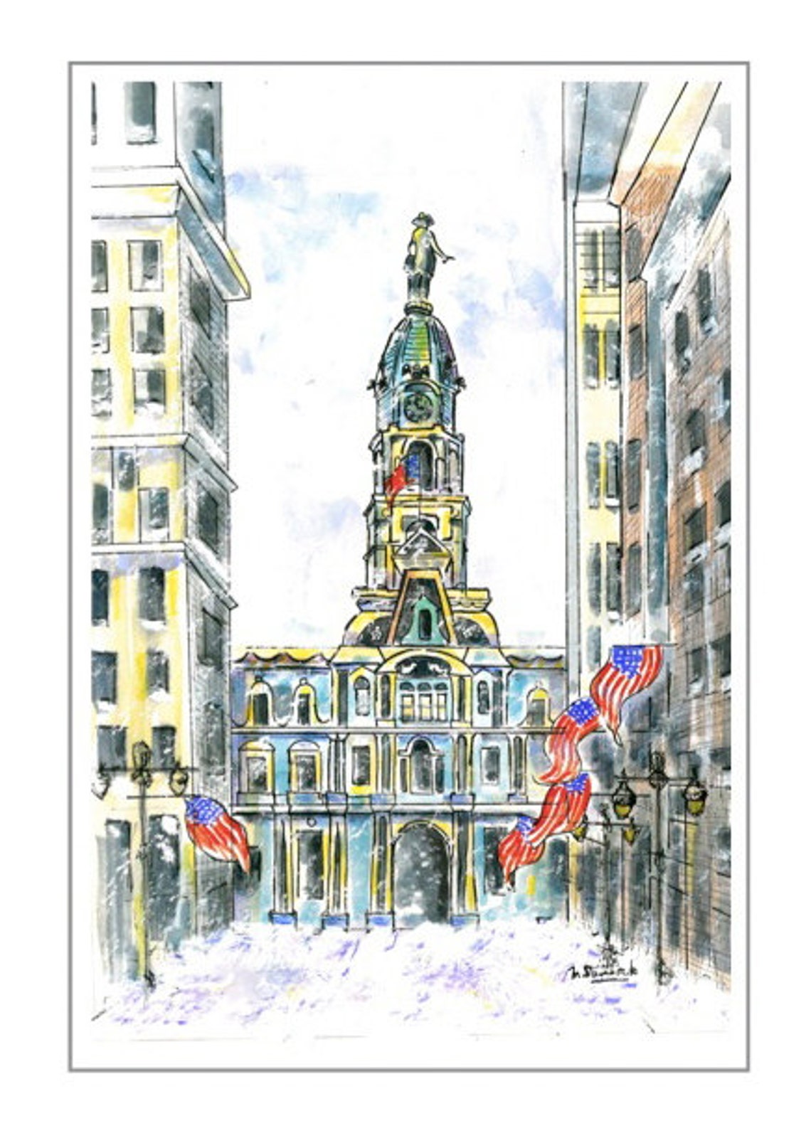 Philadelphia City Hall. Matted Art Print of Original Watercolor/ink ...