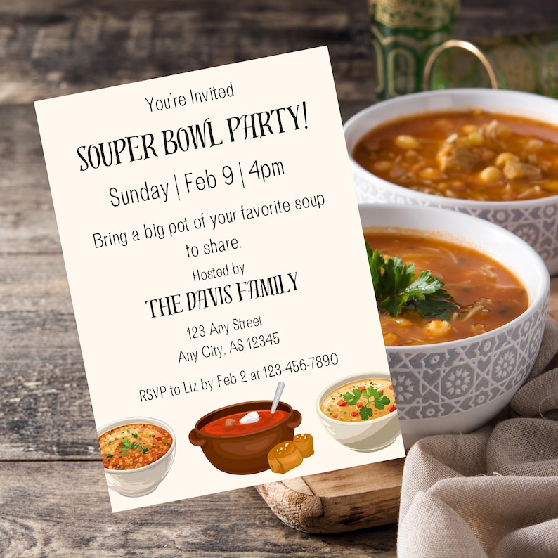 Editable Digital Souper Bowl Invitation Template, Soup-er Bowl Party ...