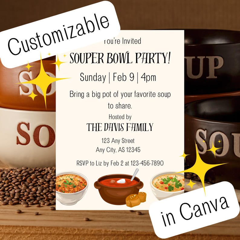 Editable Digital Souper Bowl Invitation Template, Soup-er Bowl Party Invite, Invitation ...