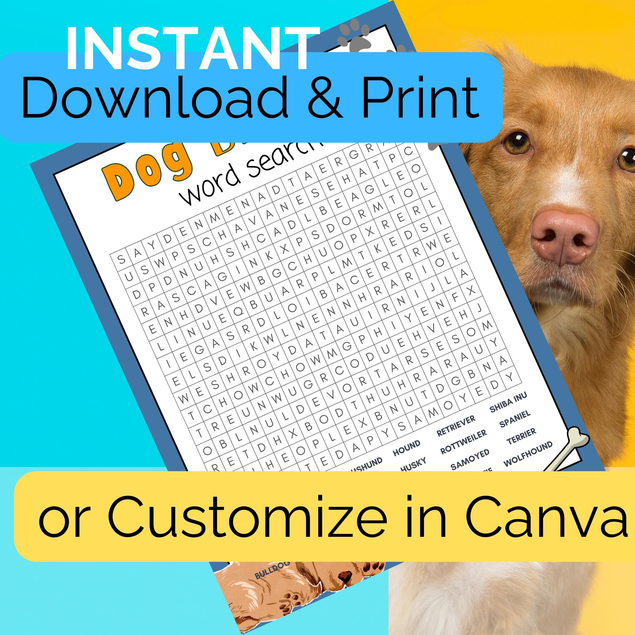 Dog Breeds Word Search, Editable Digital Word Search Template ...