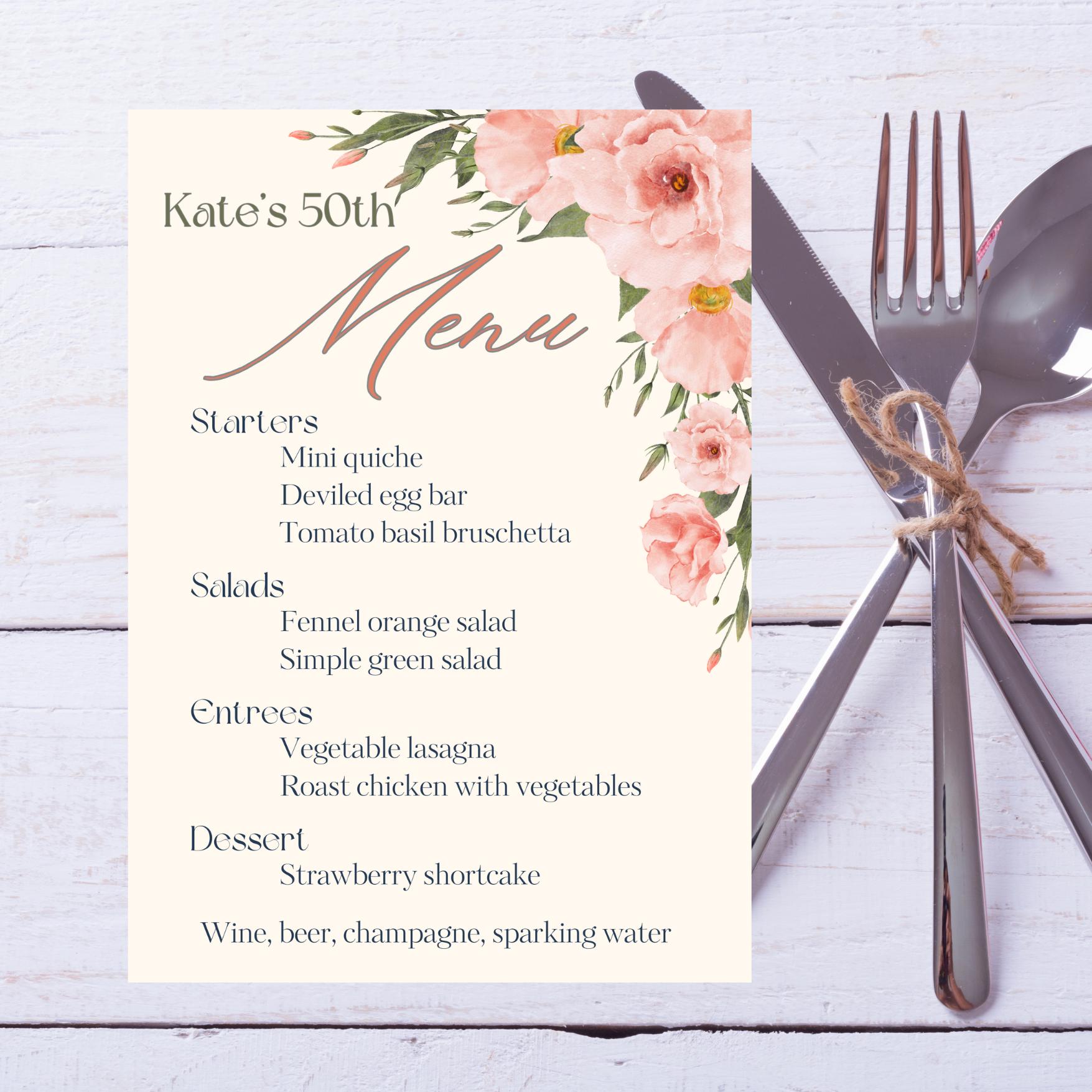 Editable Digital 50th Birthday Party Menu Template, Birthday Party Menu ...