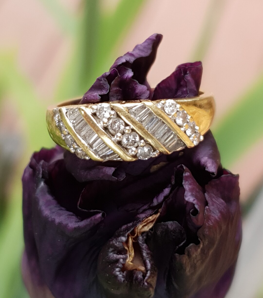 Vintage 18ct Yellow Gold Round Baguette Diamond Pattern Ring - Etsy