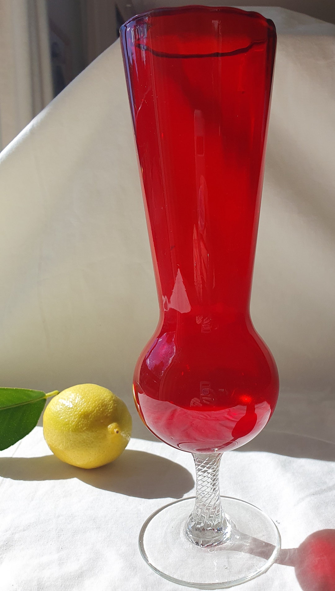 Vintage Tall Ruby Red Glass Vase With Twist Stem, Mid Century Home ...