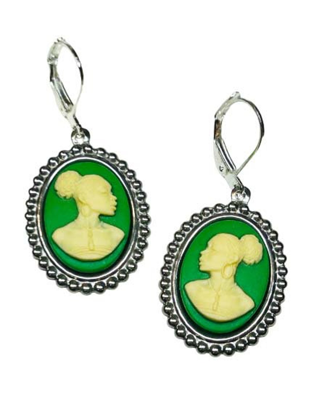 Green and Ivory African Lady Cameo Earrings in Silvertone Setting With ...