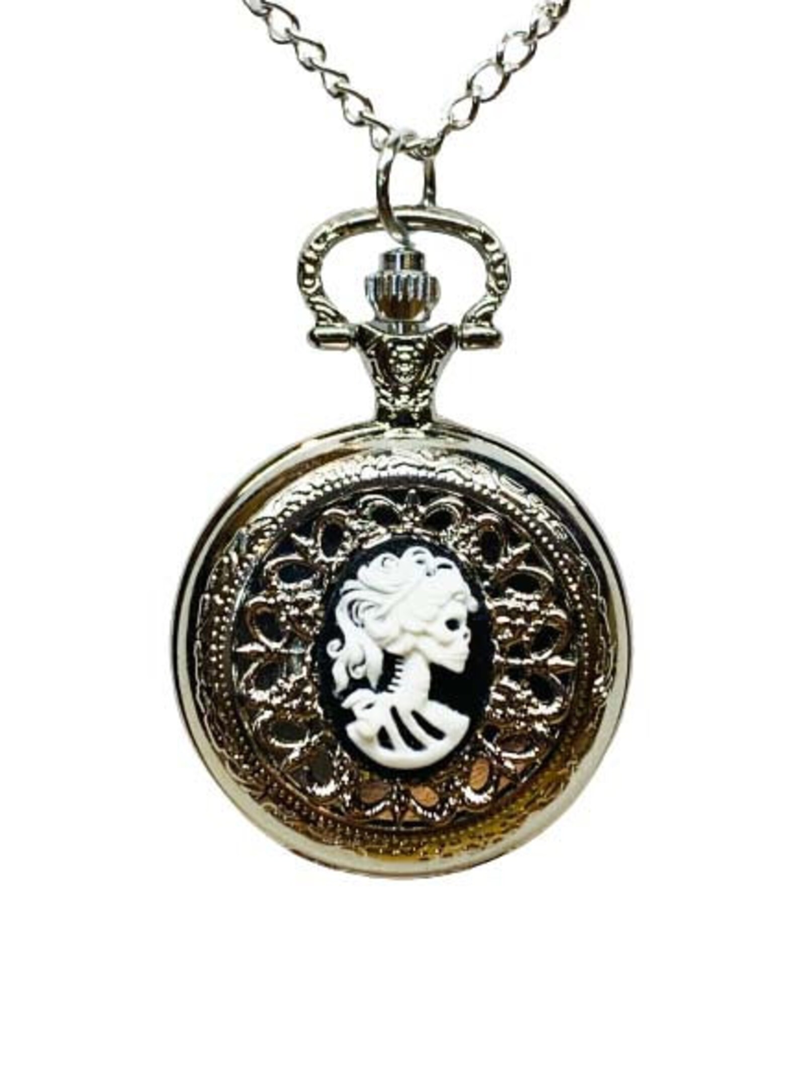 Ladies Gothic Skeleton Pocket Watch on Long Chain Silvertone - Etsy